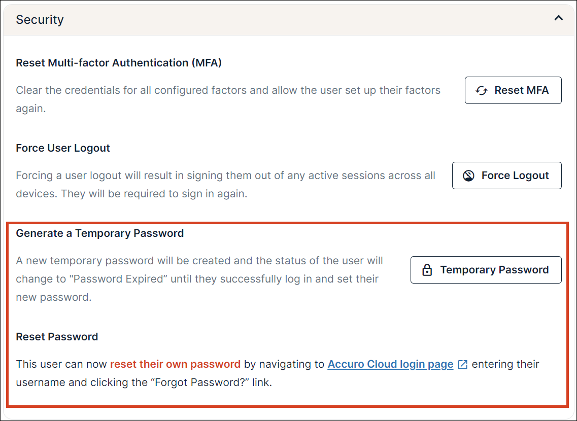 Accuro Admin Centre - Reset Password