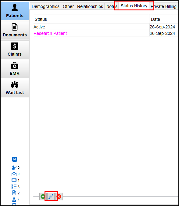 Adding and Editing Patient Status